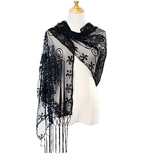 L'VOW Women's Glittering 1920s Scarf Mesh Sequin Wedding Cape Fringed Evening Shawl Wraps(Black)