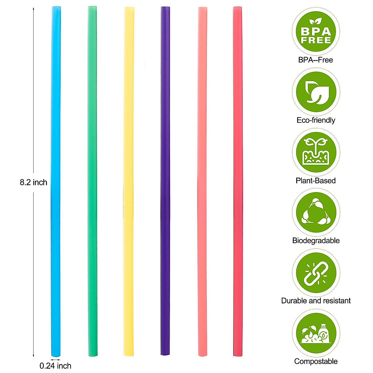 [100 Pcs] Biodegradable Compostable Disposable Colorful Straws - PLA Plant Based Drinking Straws for Juice Coffee Cocktail Cold Drinks (8.25" LongX0.23" Wide)