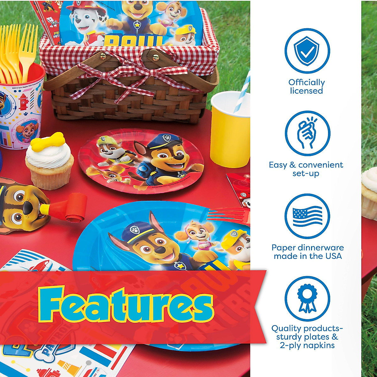 Unique Paw Patrol Birthday Decorations | Paw Patrol Party Supplies | With Paw Patrol Tablecloth, Paw Patrol Plates, Napkins, Character Masks, Forks, Button | Serves 16 Guests