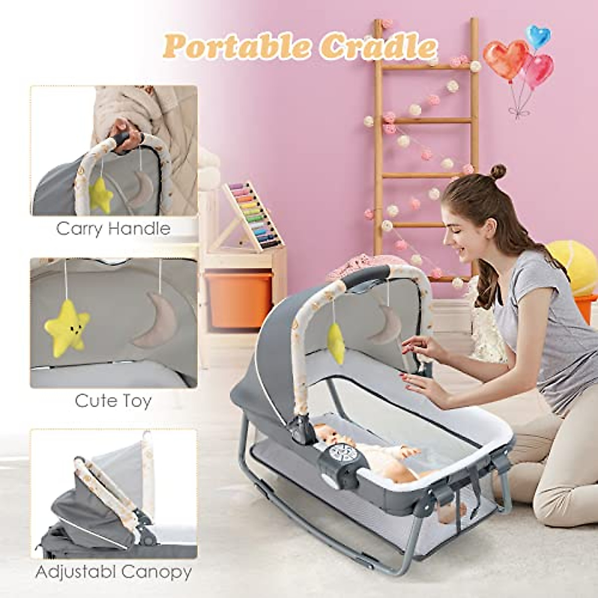 INFANS 4 in 1 Pack and Play, Portable Nursery Center for Baby Kid Infant, Comfortable Playard with Bassinet, Mattress, Diaper Changer, Cradle, Travel Bag, Toys, Music Box, Storage Basket(Monkey)