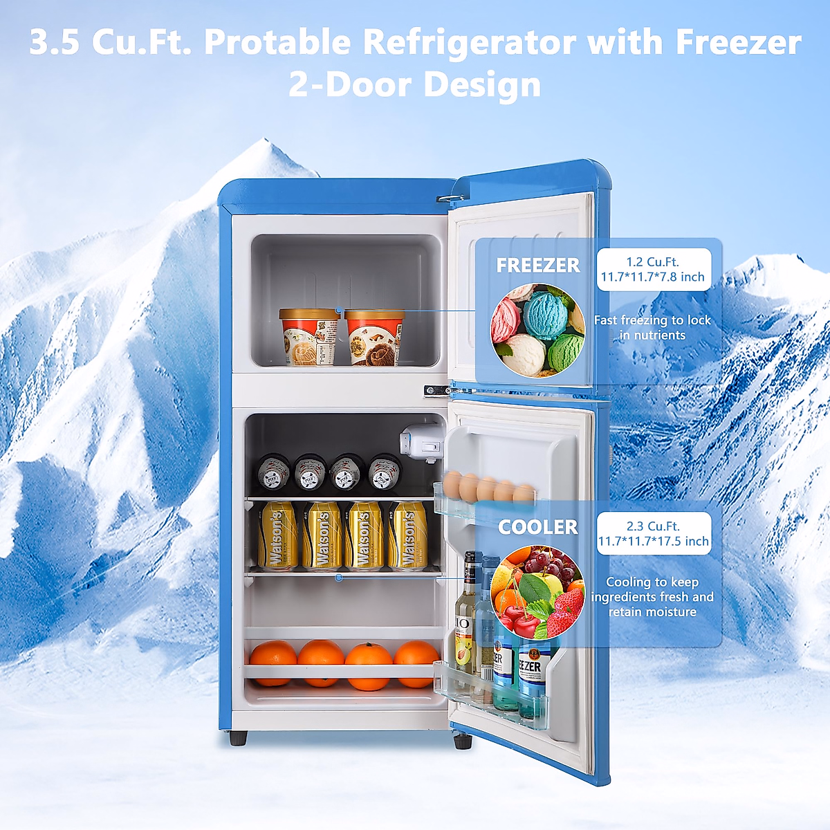 JANREAY Mini Refrigerator with Freezer 3.5 Cu.Ft, Small Refrigerator with 7 Settings Temperature, Adjustable Shelves, 2 Doors, Low Noise, Mini Fridge for Apartment, Bedroom, Office, Dorm Blue