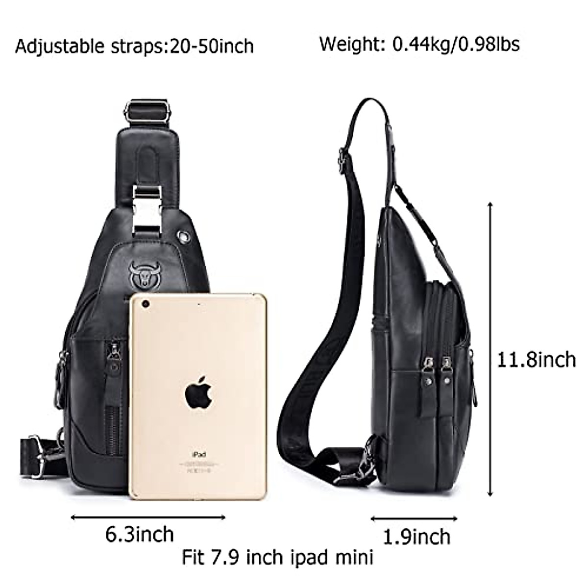 BULLCAPTAIN Genuine Leather Sling Chest Bag Multi-pockets Men Crossbody Bag Travel Casual Small Shoulder Backpack (Black)