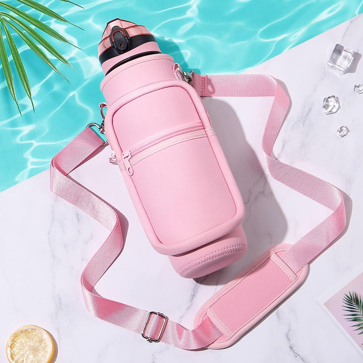 Fimibuke 32 oz Water Bottle with Sleeve - BPA Free Leakproof Sport Large 1L Plastic Motivational Water Bottle with Straw & Strap & Insulated Neoprene Holder Carrier Bag for Women Men(A2.Baby Pink)
