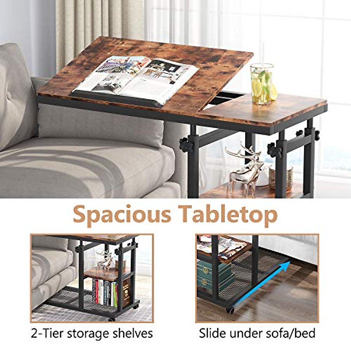 Tribesigns Height Adjustable C Table with Wheels, Mobile Couch Snack Side Table with Tiltable Drawing Board, Sofa Bedside Laptop Stand C Shaped TV Tray with Storage Shelves (Brown)