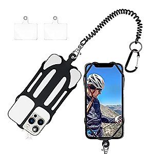 Phone Tether with 2 Patch and Silicone Phone Holder,2 in 1 iPhone Lanyard Tether with Carabiner Clip for Anti-Drop,Fits Most Cell Phones (Black)
