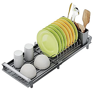 OROPY Small Dish Drying Rack Expandable Dish Rack Dish Drainer and Utensil Holder, Compact Stainless Steel Dish Drain for Kitchen Counter Cabinet (Grey)
