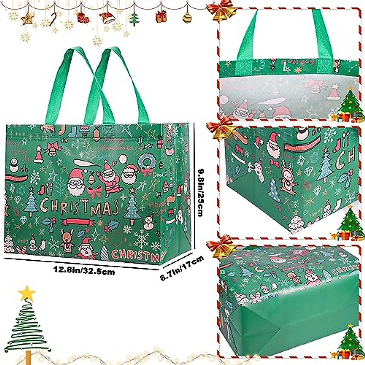 emzrivo Christmas Gift Bags 8 Pack Large Christmas Tote Bags with Handle, Christmas Treat Bags Reusable Non-Woven Holiday Gift Bags for Xmas Gifts Wrapping Christmas Party Supplies, 12.8"×9.8"