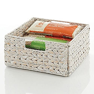 mDesign Woven Hyacinth Storage Bin Basket Organizer with Handles for Organizing Kitchen Pantry, Cabinet, Cupboard, Shelves - Holds Food, Drinks, Snacks - 4 Pack - White Wash