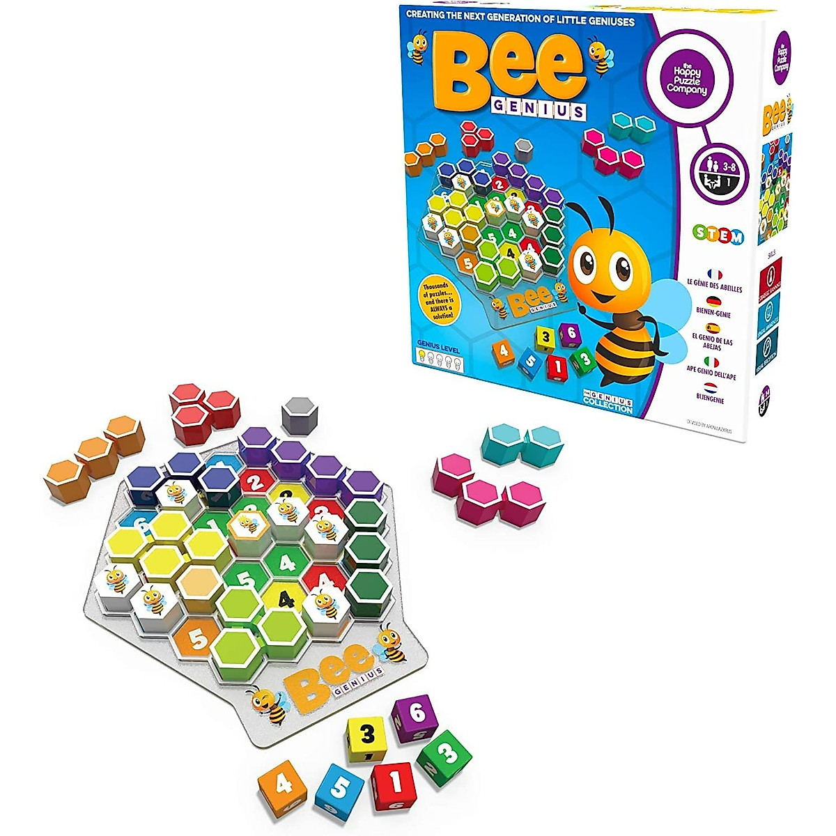 Bee Genius - Award Winner Puzzle Family Board Game for Ages 3+ Kids. 46,656 Possible Solutions to Help The Queen Bee & Worker Bees Build Their Honeycomb by Filling in Colored Shapes!
