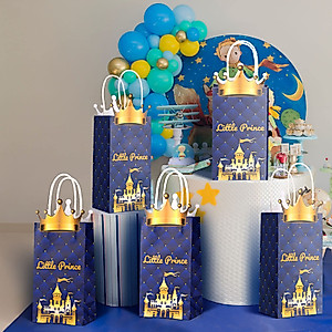 16 Pack Prince Party Favors Bags Prince Theme Charming Party Bags Glitter Crown Party Bag Treat Goody Gift Paper Kraft Wrap Bags with Handle for Prince Theme Birthday Baby Shower Party Favor Supplies
