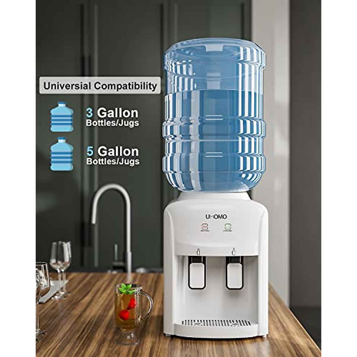 UMOMO Top Loading Water Cooler Dispenser, Countertop Water Cooler Dispenser, Holds 3 or 5 Gallon Bottle, Hot & Cold Water, for Home and Office Use, White(Water Bottle NOT Included)