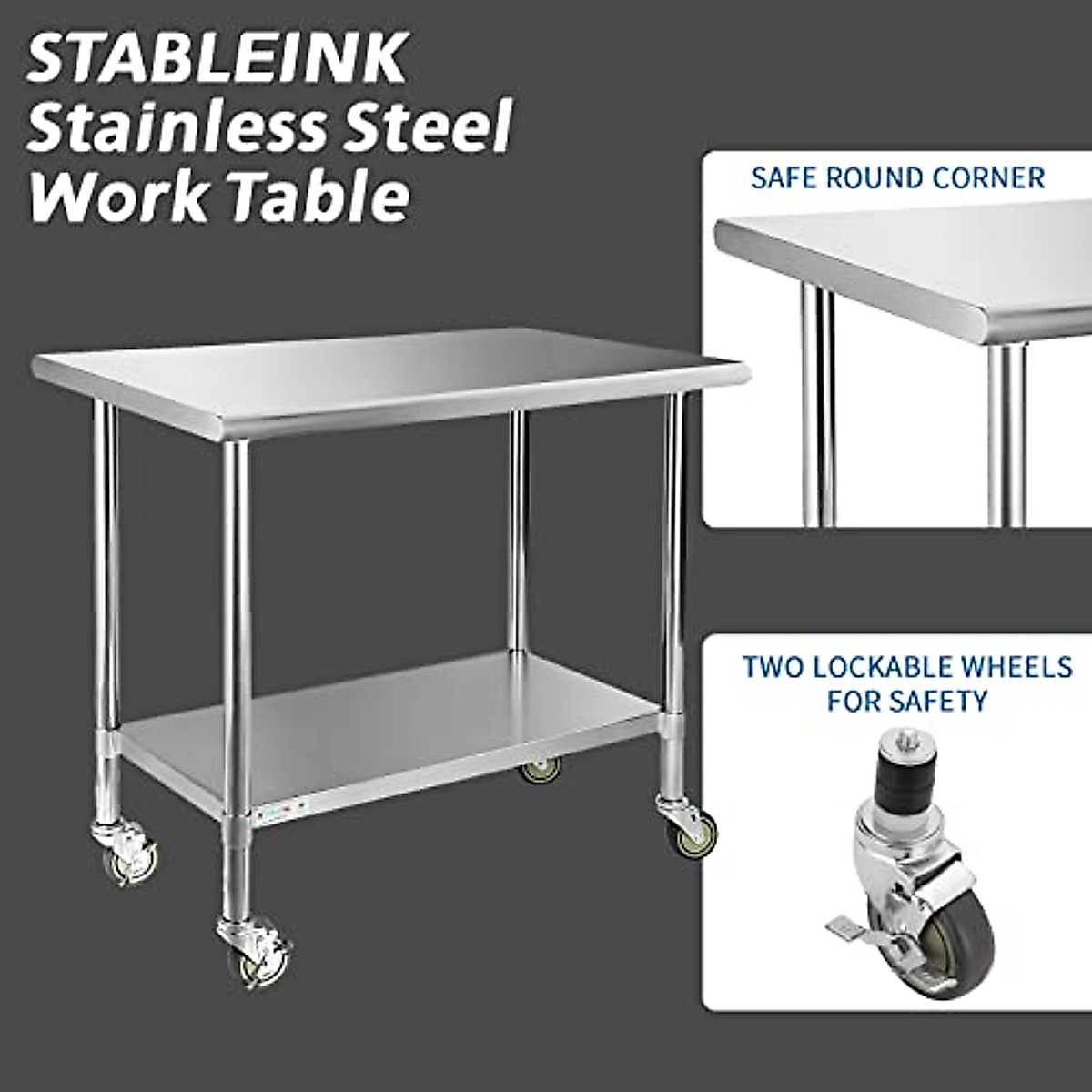 STABLEINK Stainless Steel Table with Caster Wheels 36 x 24 Inches, NSF Commercial Prep & Work Table with Adjustable Undershelf and Table Foot, for Commercial Kitchen, Restaurant, Hotel and Garage