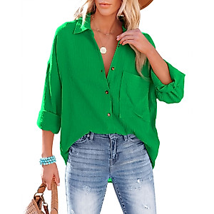AISEW Womens Button Down Shirts Casual V Neck Long Sleeve Loose Fit Collared Plain Blouses Tops with Pocket (Green, 7001L)