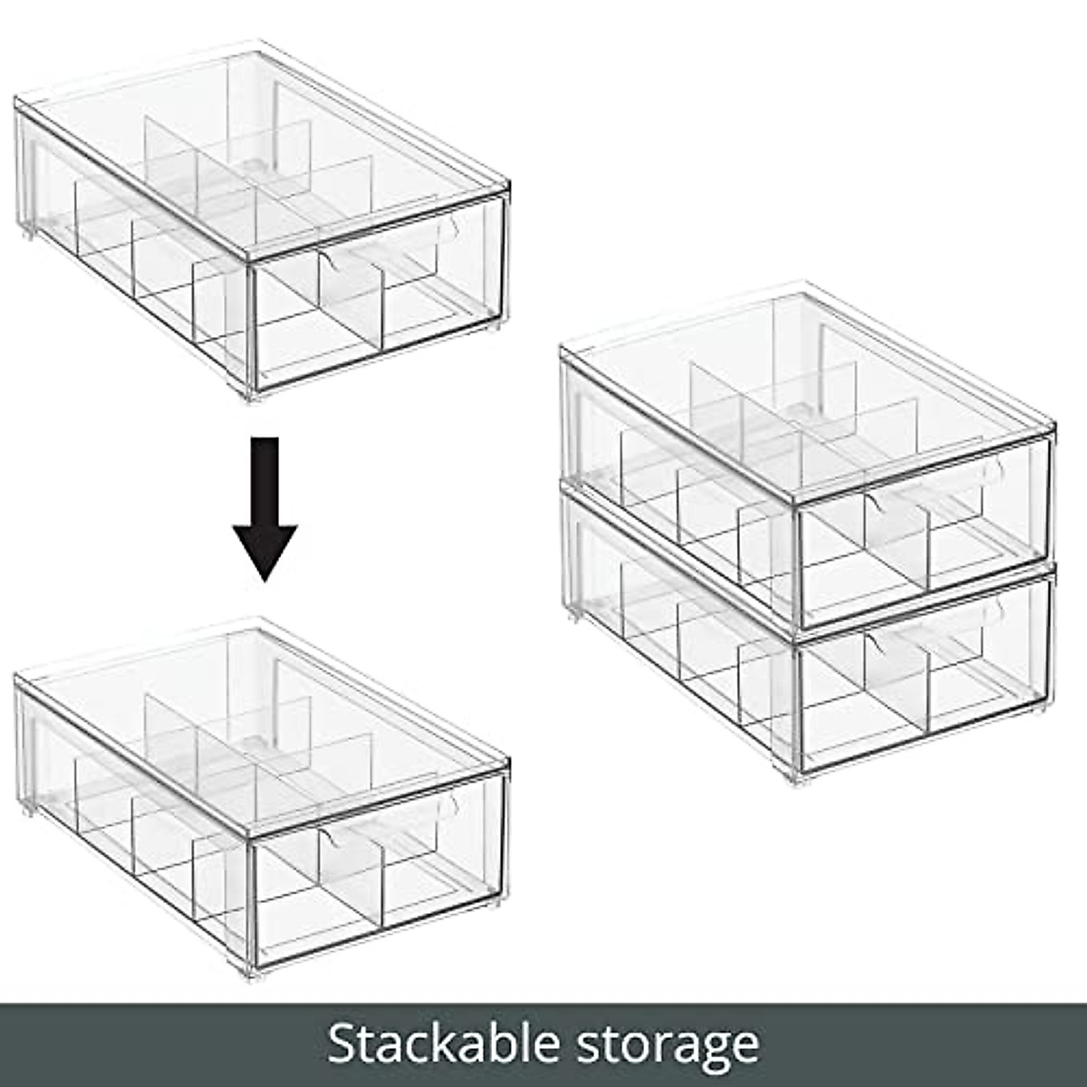 mDesign Plastic Kitchen and Pantry Organizer with Divided Drawer - Stackable Bin with 8 Sections for Tea and Snack Food - Perfect for Organizing Cabinet, Fridge - Lumiere Collection - 4 Pack - Clear