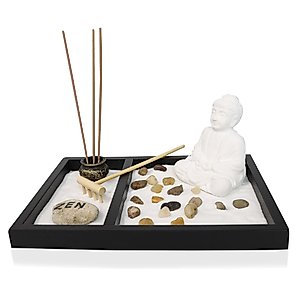 Japanese Mini Zen Garden with Incense Holder, and White Miniature Buddha Statue for Relaxation and Meditation, Perfect Home Desk Decor and Gift Set - 7" x 8.5" x 6.5"