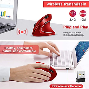 Vassink Ergonomic Rechargeable Wireless Mouse, 2.4Hz Rechargeable Wireless Vertical Optical Mice with USB Receiver, 6 Buttons, 800/1200/1600 DPI RED
