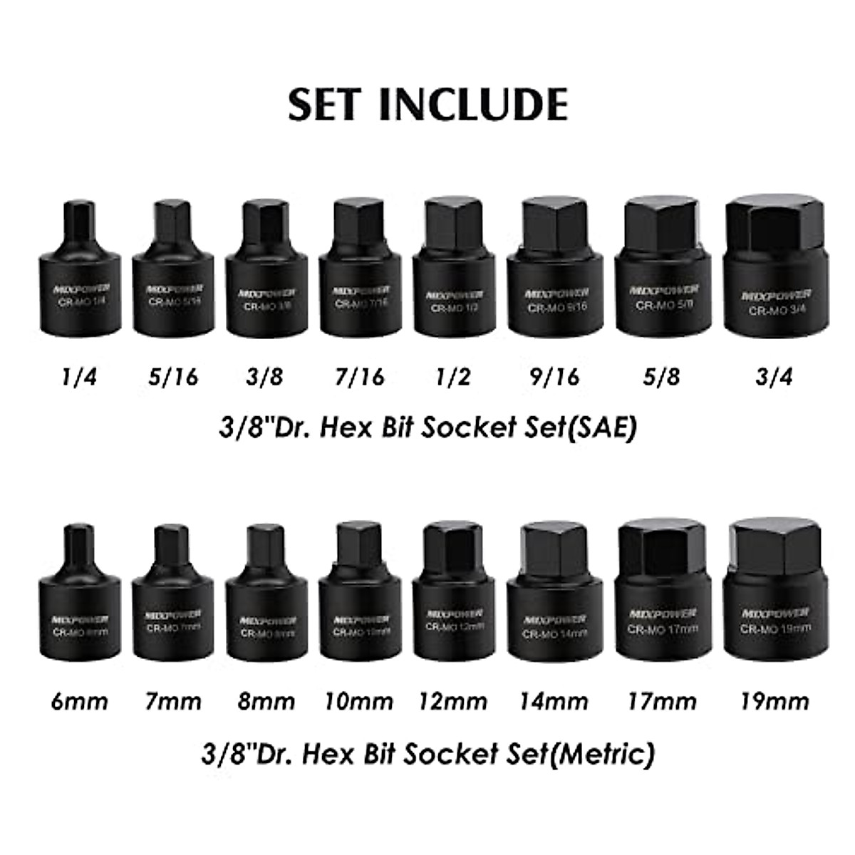 MIXPOWER 3/8-Inch Drive Low Profile Impact Hex Driver Set, 16-Piece, SAE/Metric, Hex, 1/4 Inch - 3/4 Inch, 6mm - 19mm, Cr-Mo Steel, One- Piece Construction