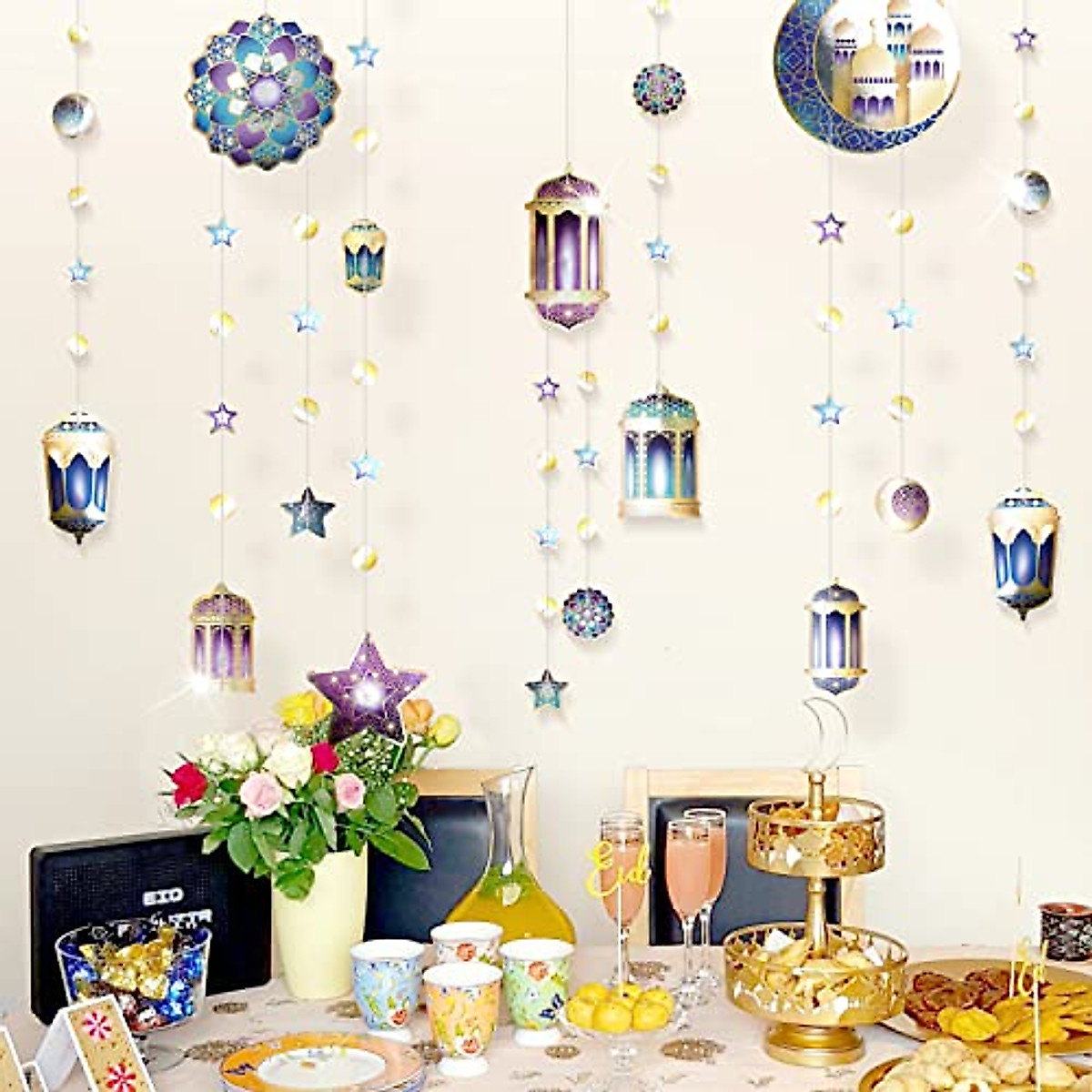 6 pcs Purple Blue Gold Ramadan Garland Kit with Lantern Crescent Moon Star for Ramadan Party Decoration Hanging EID Banner Streamer Decorations Islamic Birthday Bday Wedding Party Supplies