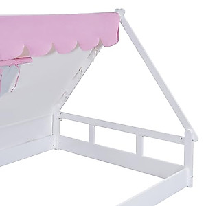 VilroCaz Wooden Full Size Tent Bed with Fabric for Kids Boys Girls, House Floor Bed Montessori Bed with Fence and Roof, Low Floor Bed Frame, Easy Assembly (Pink Fabric)