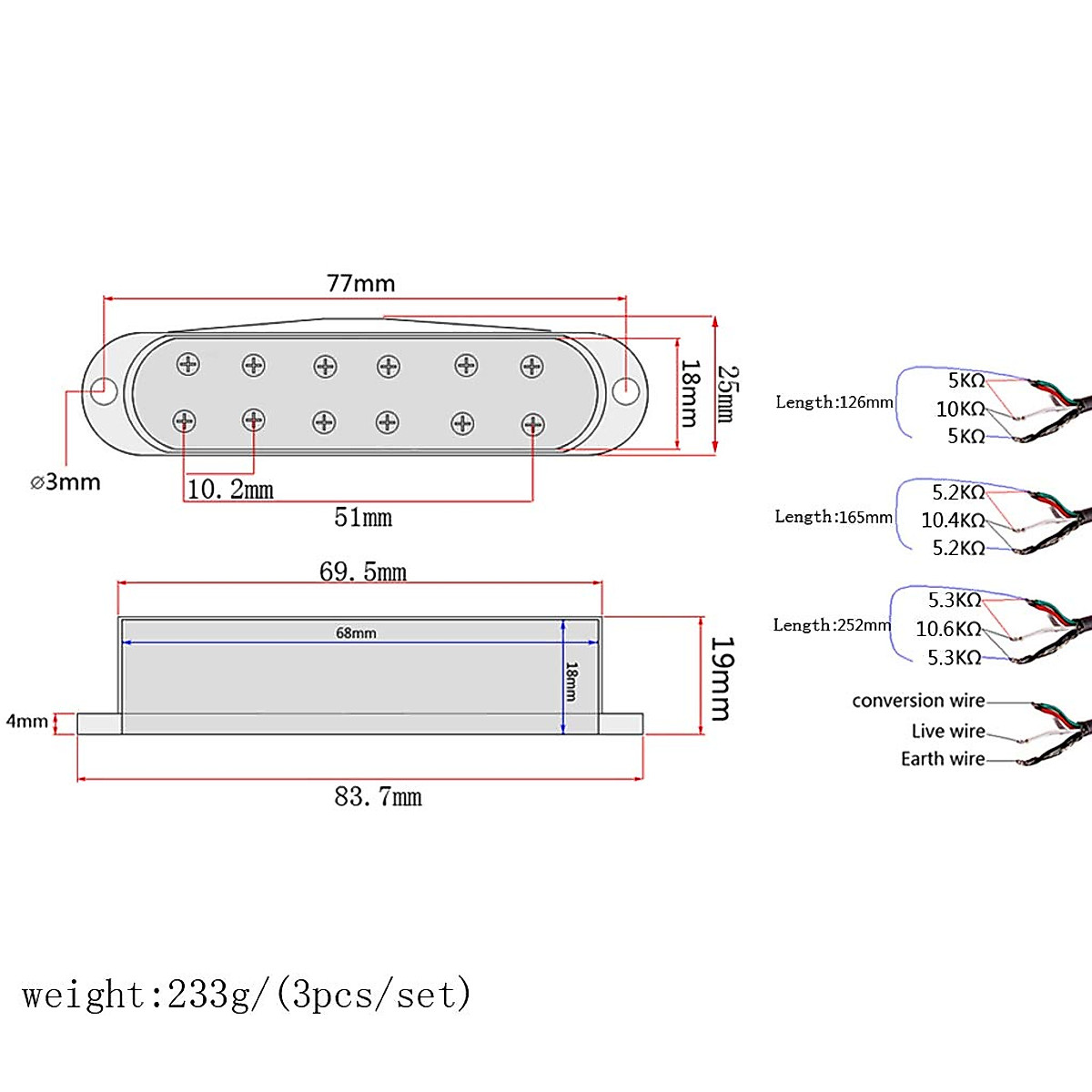 Alnicov Set of 3 Alnico V Single-Coil-Sized Humbuckers Neck/Middle/Bridge Pickups for Stratocaster Electric Guitar Replacement 12K(N)/14K(M)/16K(B)