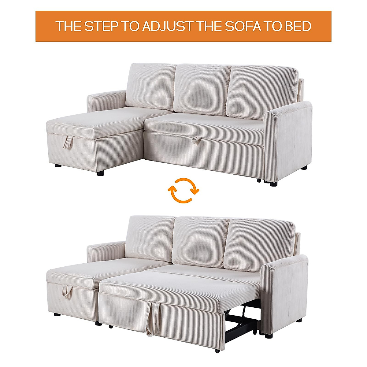 EBELLO 3 in 1 Convertible Sleeper Sofa Bed, Soft Corduroy L-Shaped Couches for Living Room, Small Pull Out Sectional Futon Sofa Bed with Storage Chaise and 2 Pillows, for Small Space Apartment, Beige