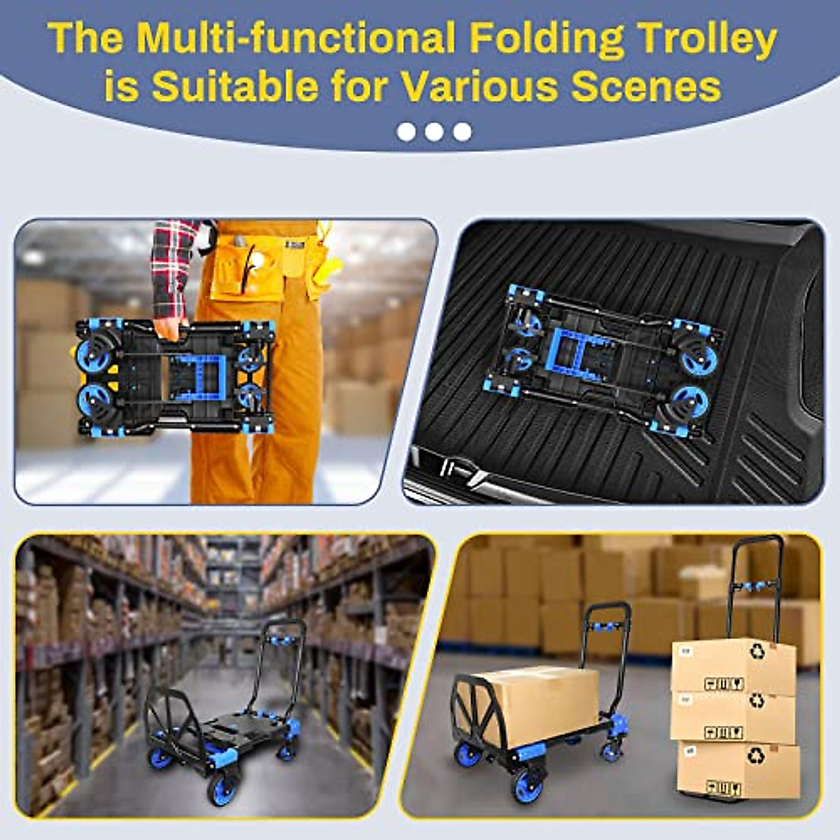 Hand Trucks Heavy Duty Foldable 400LB Load Carrying,Convertible Hand Cart with Retractable Handle,Collapsible Hand Truck with 4 Rubber Wheels, for Luggage/Travel/Personal/Mobile/Office Use.