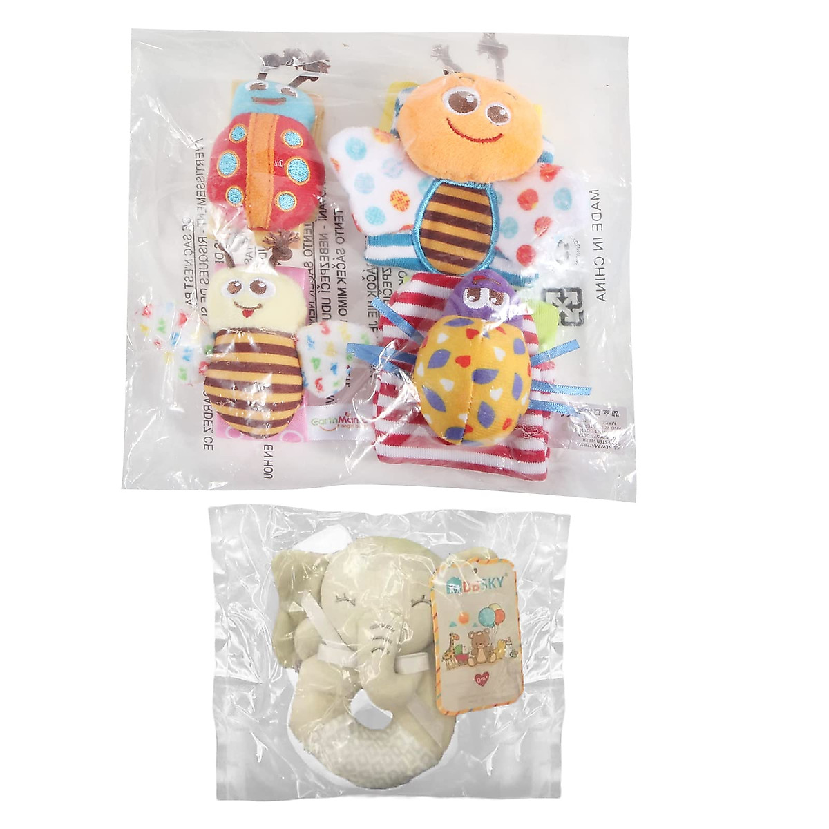 PHREKUDA Sock & Wrist Rattles Toy Set for Babies, Plush Stuffed Rattles for Baby, Rattles for Babies, Newborn Gifts for Boys Girls Infant (5 in 1) (Elephant)