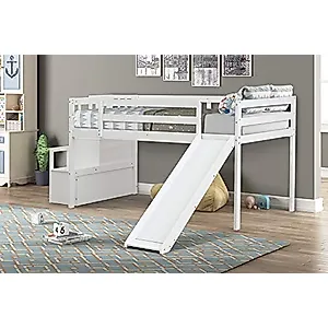 ERYE Twin Size Loft Bed with Slide and Storage Staircase, Wooden Bedframe Bedroom Furniture w/Full-Length Safety Guardrails & Shelves for Kids, Teens, Girls, Boys
