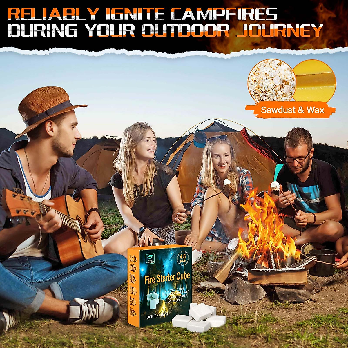 SUNLIFER Fire Starter Squares for Campfires: All Weather Camping Fire Starters Cubes | Quick & Odorless Firestarters for Fireplaces | Wood Stove | Grills | Fire Pit | BBQ - 48 Count