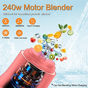 Portable Blender 20 Oz, Personal Blender for Shakes and Smoothies with 6 Blades, Cordless Travel Blender Cup, Single Serve Blender, Mini Small Smoothie Blender Bottle for Kitchen, Home, Travel (Pink)