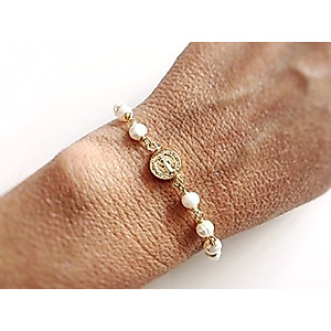 SIFRIMANIA Freshwater Cultured Pearls Catholic Image Adjustable Bracelet for Women Bride Jewerly (Saint Benedict Medal)