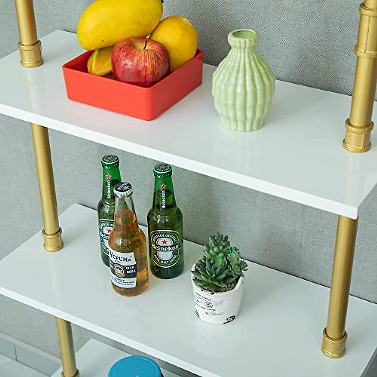 HEONITURE 5 Shelf Modern Gold Bookshelf, Wall Mount White Bookcase, Ladder Shelf with Metal Frame, Display Shelf Shelves for Living Room/Home/Office