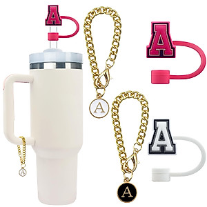 Velaco 4 PCS Initial Letter Charm Accessories and Straw Cover Pack- Chains with Initial Letter for Stanley 20 30 40 oz Tumbler with Handle