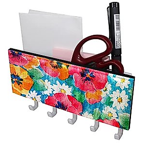 Hand Drawn Retro Colorful Flowers Background Mail Holder Organizer and Key Hooks PU Front, Self Adhesive Key Rack with 5 Hooks Perfect for Entryway, Hallway，Bathroom ，Kitchen