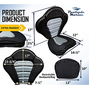 Pactrade Marine Adjustable Straps Black Gray Extra Padded Deluxe Kayak Seat Detachable Storage Backpack Bag Canoe Backrest Support Cushion Sit On Top Fishing Brass Clips Canoeing Kayaking Rafting (2)