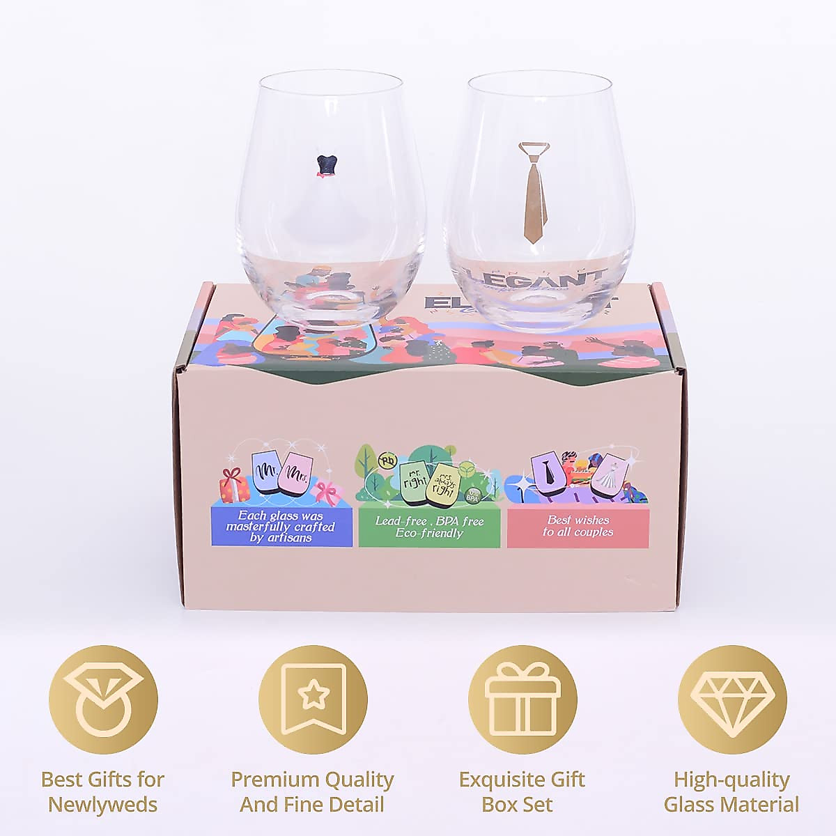 MewVeer Raise a Glass to Love and Romance Mr. and Mrs. Stemless Wine Glasses - Perfect for Engagements, Weddings, and Anniversaries - Ideal for Bridal Showers (Mr & Mrs)