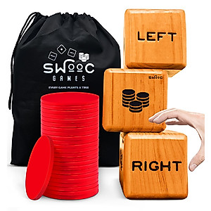 SWOOC Games - Giant Right Center Left Dice Game (All Weather) with 24 Large Chips & Carry Bag - Jumbo Wooden Lawn Game - Big Backyard Game for Family - Indoor/Outdoor - Left Right Center Dice Game
