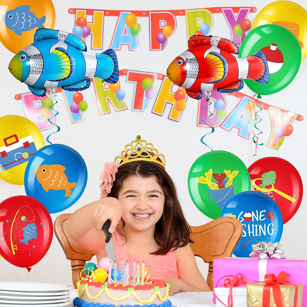 Capoda 38 Pcs Fish Balloons Fishing Birthday Party Supplies Gone Fishing Latex Balloons Fish Bobber Balloons Gone Fishing Party Supplies Clown Fish Foil Balloons Fish Under the Sea Party Decorations