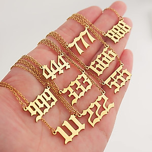 Angel Numbers Necklace Pack, Set of 9, 18K Gold Plated & Non Tarnish Stainless Steel Numerology Jewelry 111 222 333 444 555 666 777 888 999