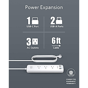 Anker USB C Power Strip with Power Delivery, 3 Outlets and 30W 3 USB (1 USB C, 2 USB A), PowerPort Strip PD 3 with 6ft Long Extension Cord, Flat Plug, for Home, Office, and Dorm Room