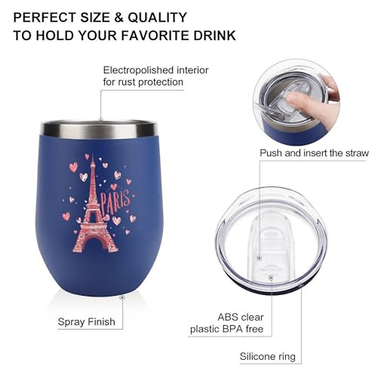 Paris France Eiffel Tower Souvenir Insulated Wine Tumbler with Lid Stainless Steel Travel Mug Coffee Cup for Cold & Hot Drinks