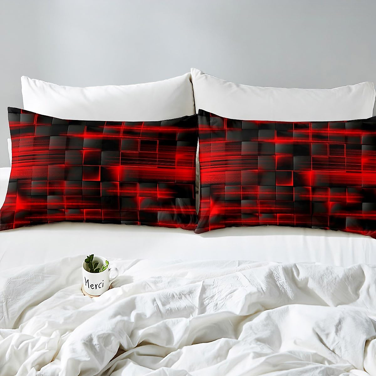 Feelyou Red Black Duvet Cover Queen Size Boys Girls Geometric Strip Lines Bedding Set for Kids Geometry Comforter Cover Set Abstract Modern Bedspread Cover Room Decor Bedclothes Zipper