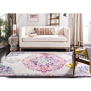 SAFAVIEH Madison Collection Area Rug - 8' x 10', Ivory & Fuchsia, Medallion Distressed Design, Non-Shedding & Easy Care, Ideal for High Traffic Areas in Living Room, Bedroom (MAD913A)