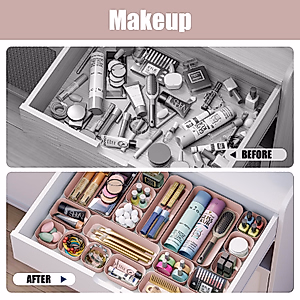 Homhut Plastic Drawer Organizers, 18 PCS Bathroom Drawer Organizer Bins, Desk and Vanity Organizer Plastic Tray, Makeup organizer and storage for Bedroom, Kitchen Gadgets Utensils and Office (Pink)
