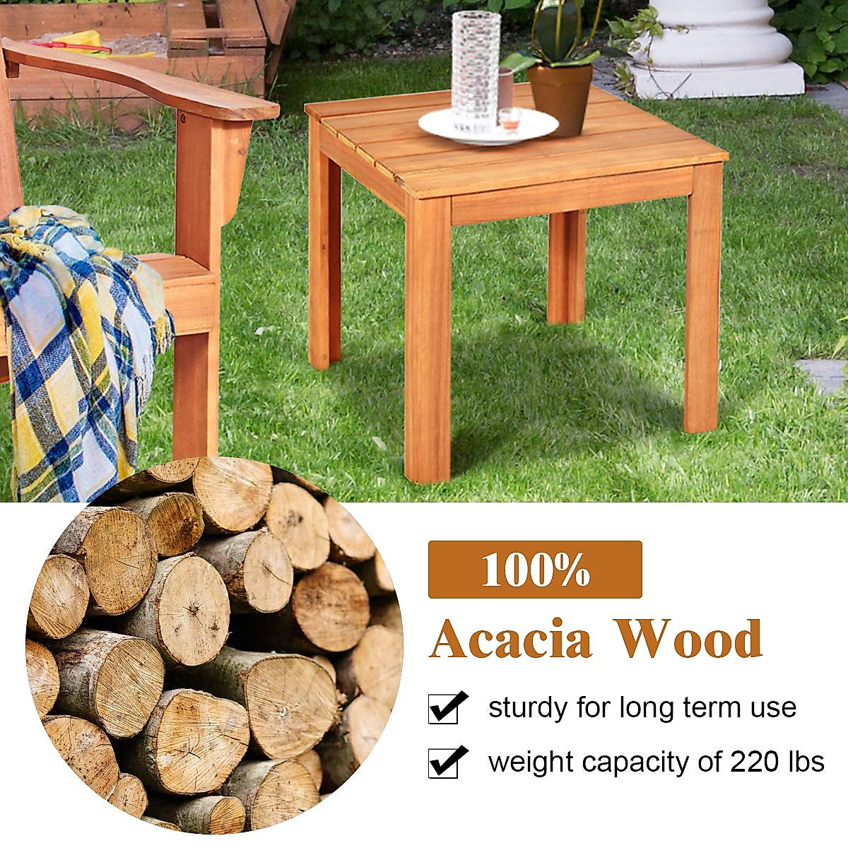 Giantex Outdoor Side Table Set of 2, Acacia Wood Adirondack End Tables W/Oil Finished, 220lbs Weight Capacity, Square for Patio, Backyard, Garden, Poolside & Balcony (2, Natural)