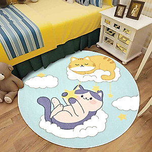 TEALP Kids Rugs 4Ft Large Round Play Mat Cute Cat Baby Crawling Mat Circle Children Rug for Nursery Decor Soft Floor Carpet for Living Room Washable Bedside Rug for Kids Bedroom Cute Cat Theme Decor