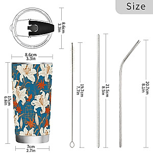 sanluoli Flat Geometric Pattern Lily Colorful Stainless Steel insulated coffee cup with Straw Leak Resistant Flip mug for hot drinks for outdoor reusable tumbler with lid and straw 20 OZ