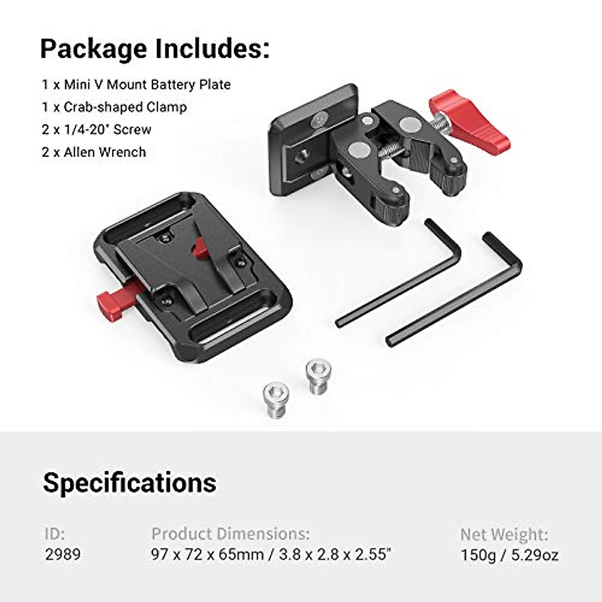 SmallRig Mini V Mount Battery Plate, V-Lock Mount Battery Plate with Crab-Shaped Clamp for Camera Power Supply - 2989