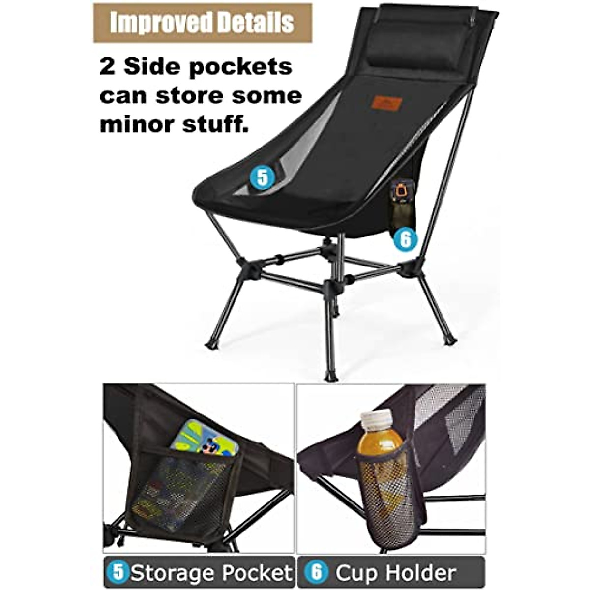 AnYoker Camping Chair, 2 Way Compact Backpacking Chair, Portable Folding Chair, Beach Chair with Side Pocket and headrest, Lightweight Hiking Chair 0166 (Ink 2 Pack)
