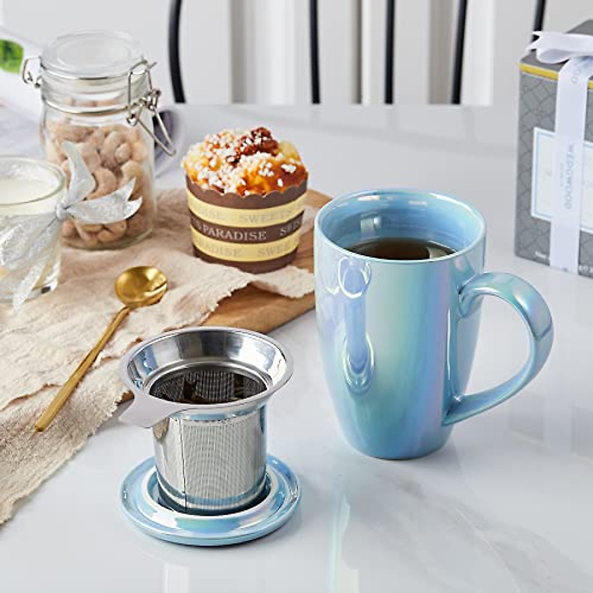 Jemirry Tea Cup with Infuser and Lid, Ceramic Cup with Lid, Tea Cup Tea Mug for Tea Lover, Porcelain Tea Strainer Cup, Tea Infuser Cup with Infuser Basket and Lid - Blue